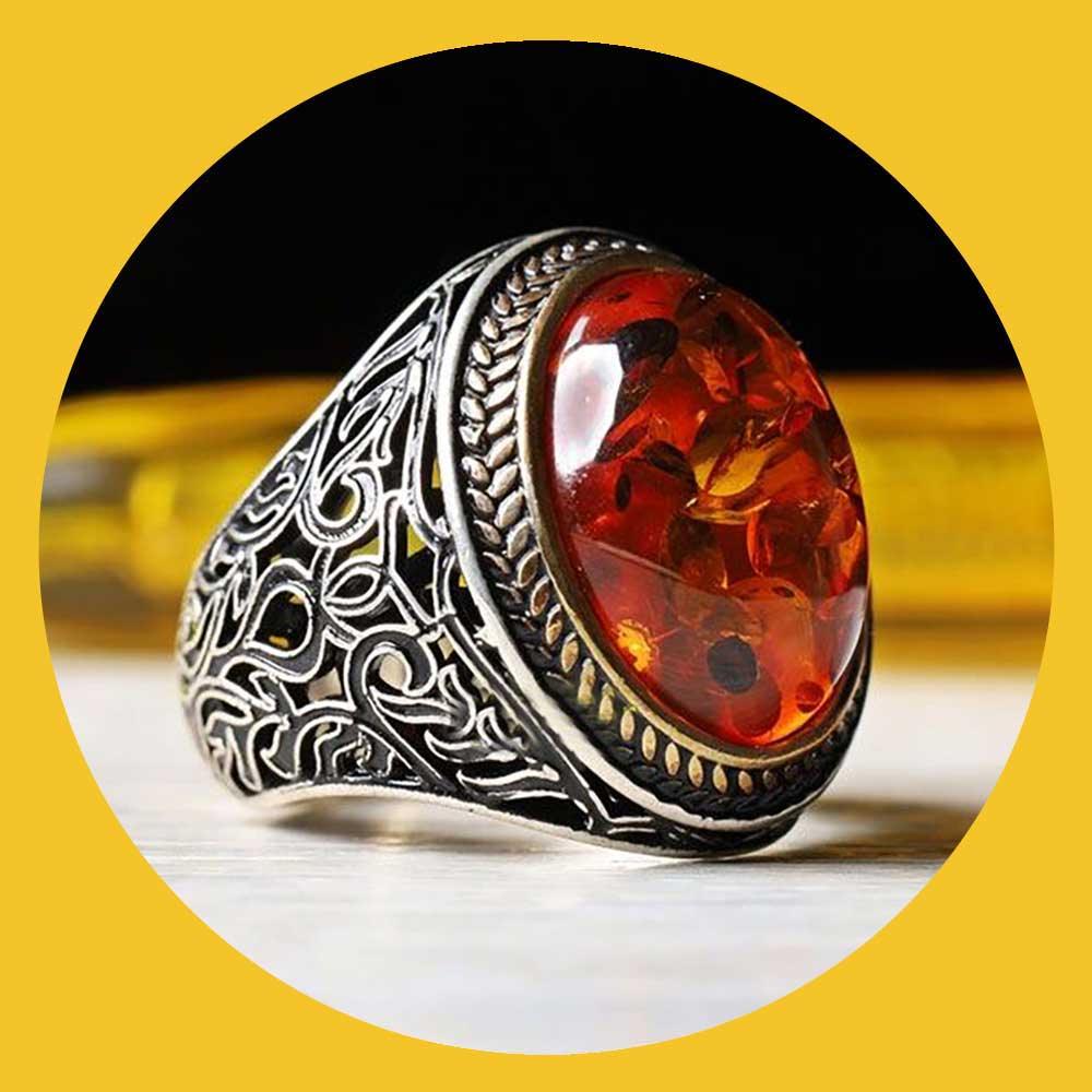 Fossilized Resin Men's Silver Rings | Marshal Rings Store